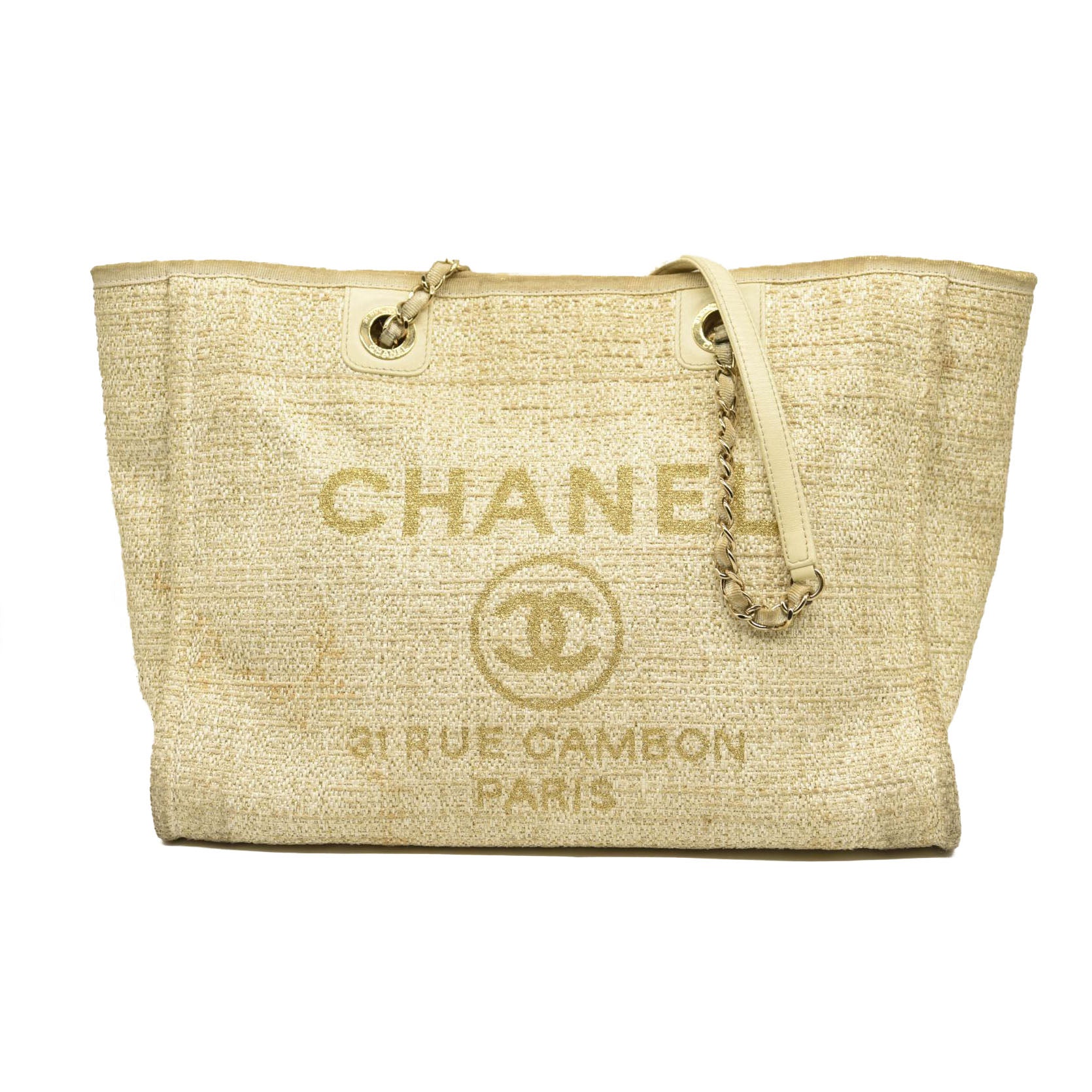 CHANEL Straw Raffia Calfskin Striped MM Deauville Tote Beige ...
